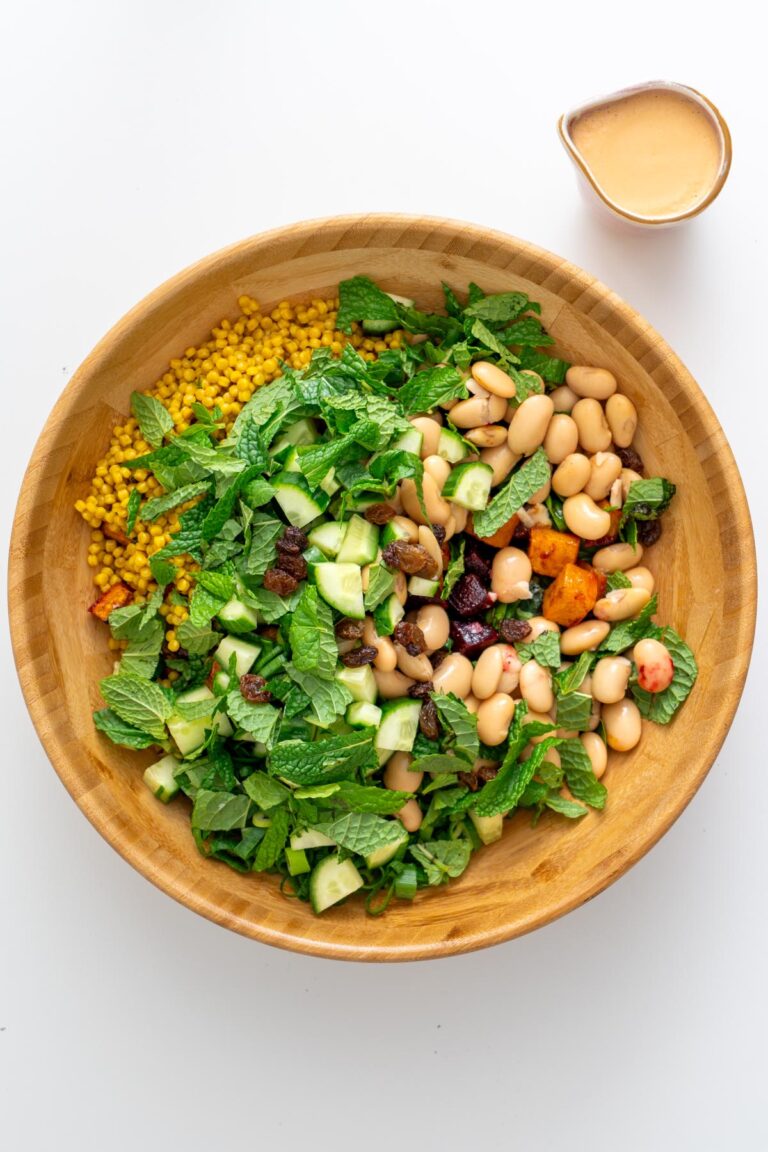 Moroccan Spiced Pearl Couscous Salad with Tahini Dressing | plantbaes